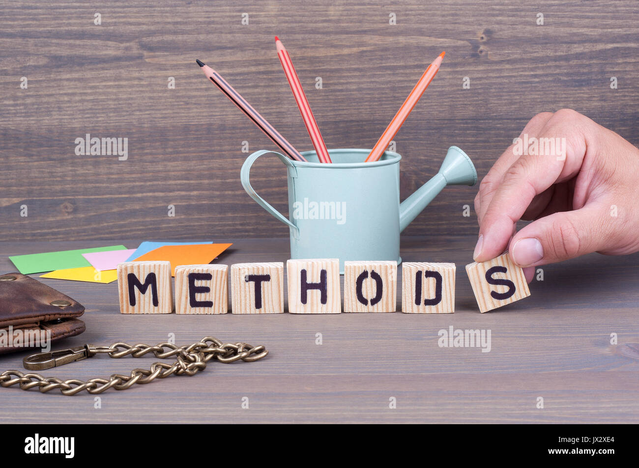 Methods concept.Wooden letters on dark background. Office desk Stock ...