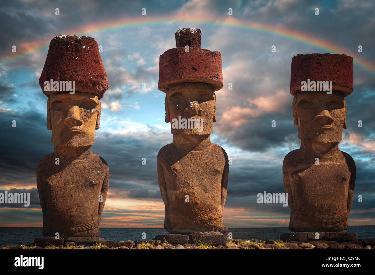A statue on Easter Island or Rapa Nui in the southeastern Pacific, the ...
