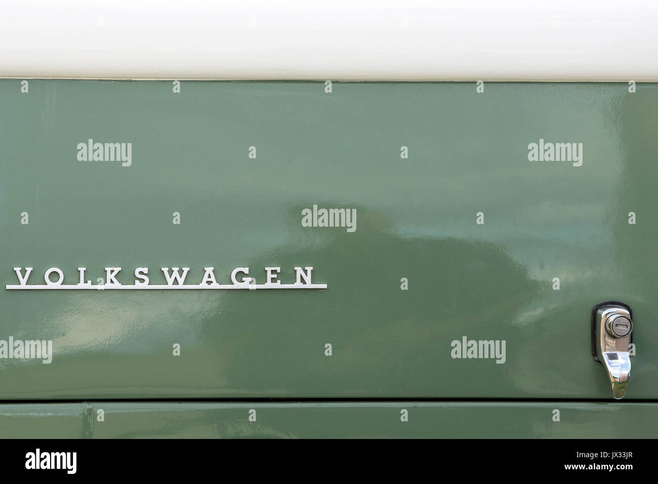 The Volkswagen name on the rear door of a vintage VW Campervan Stock ...