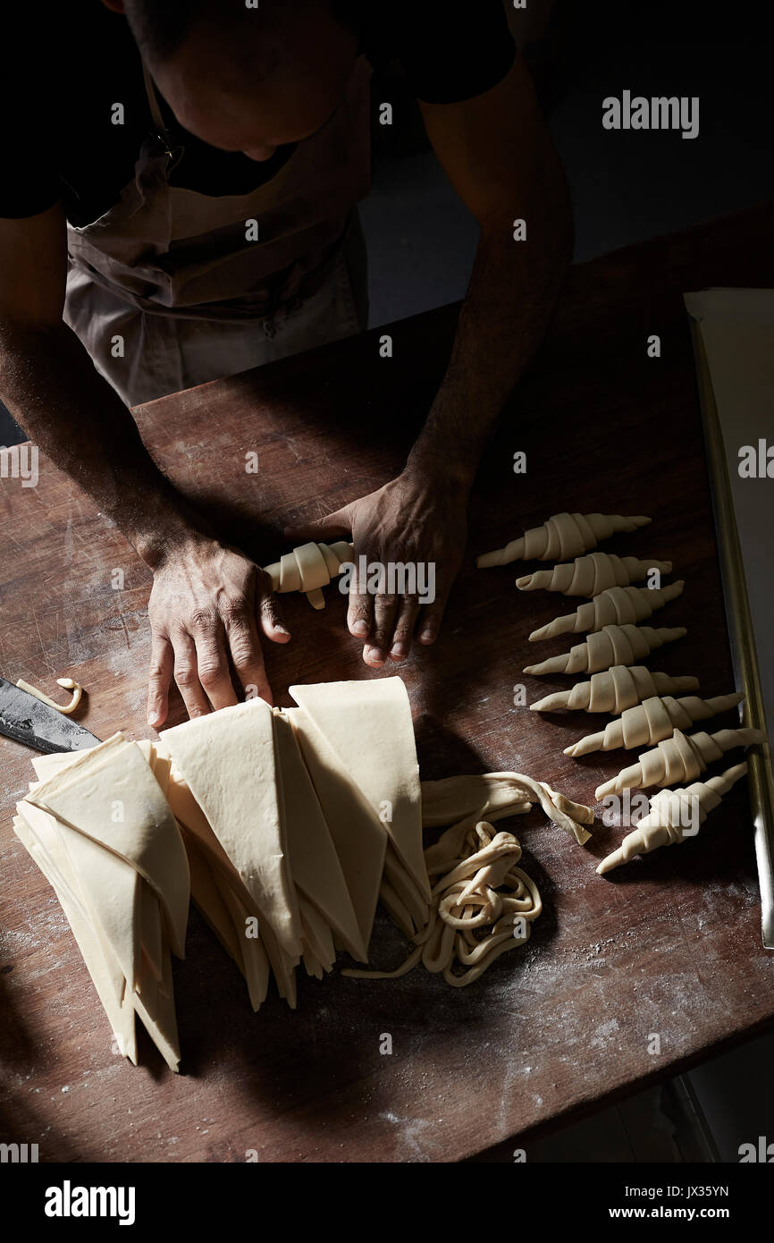 French Baker Rolling Croissants Stock Photo Alamy