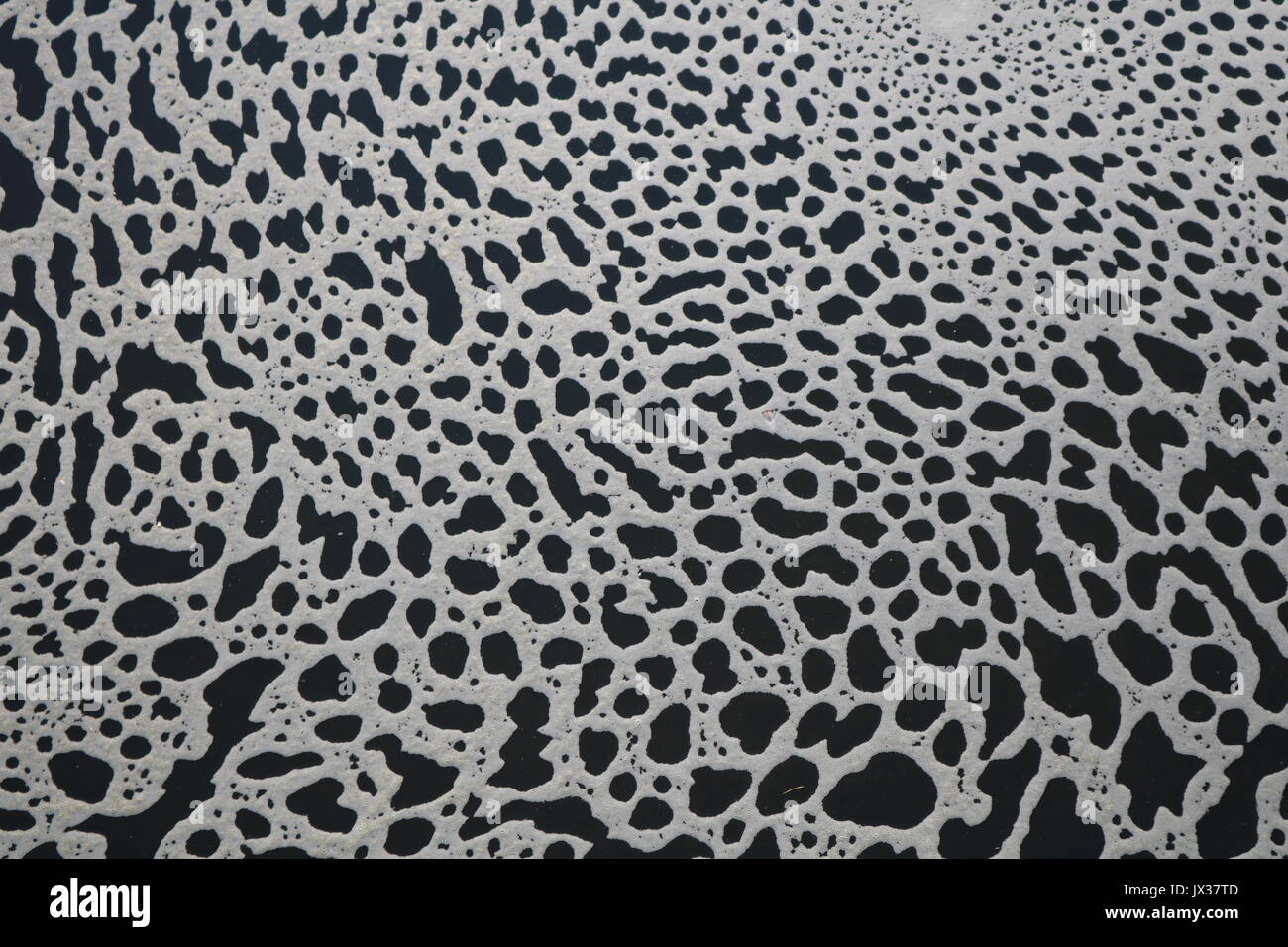 Foam making cheetah patterns on still water of a canal below a boat ...