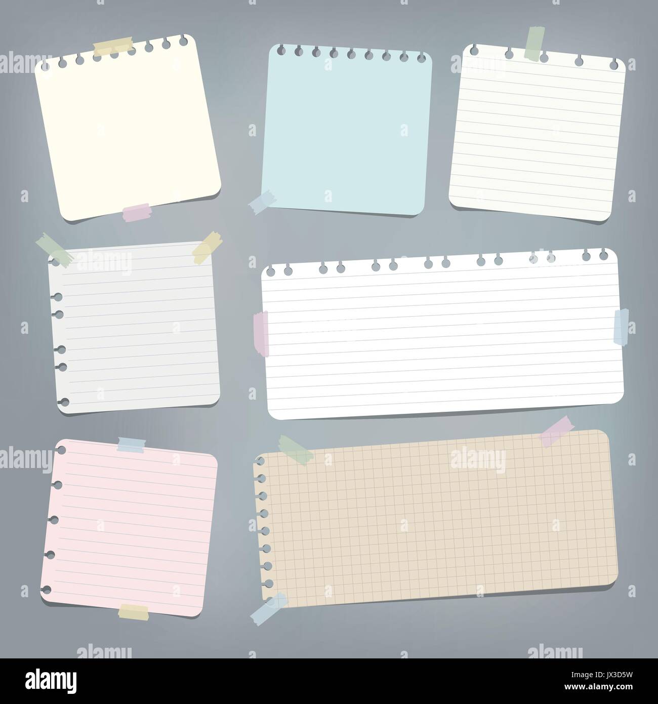 Colorful striped, ruled note, copybook, notebook paper stuck with ...