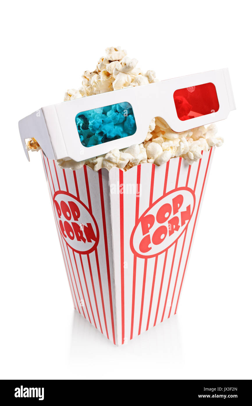 Box full of popcorn and 3d glasses isolated on white background Stock ...
