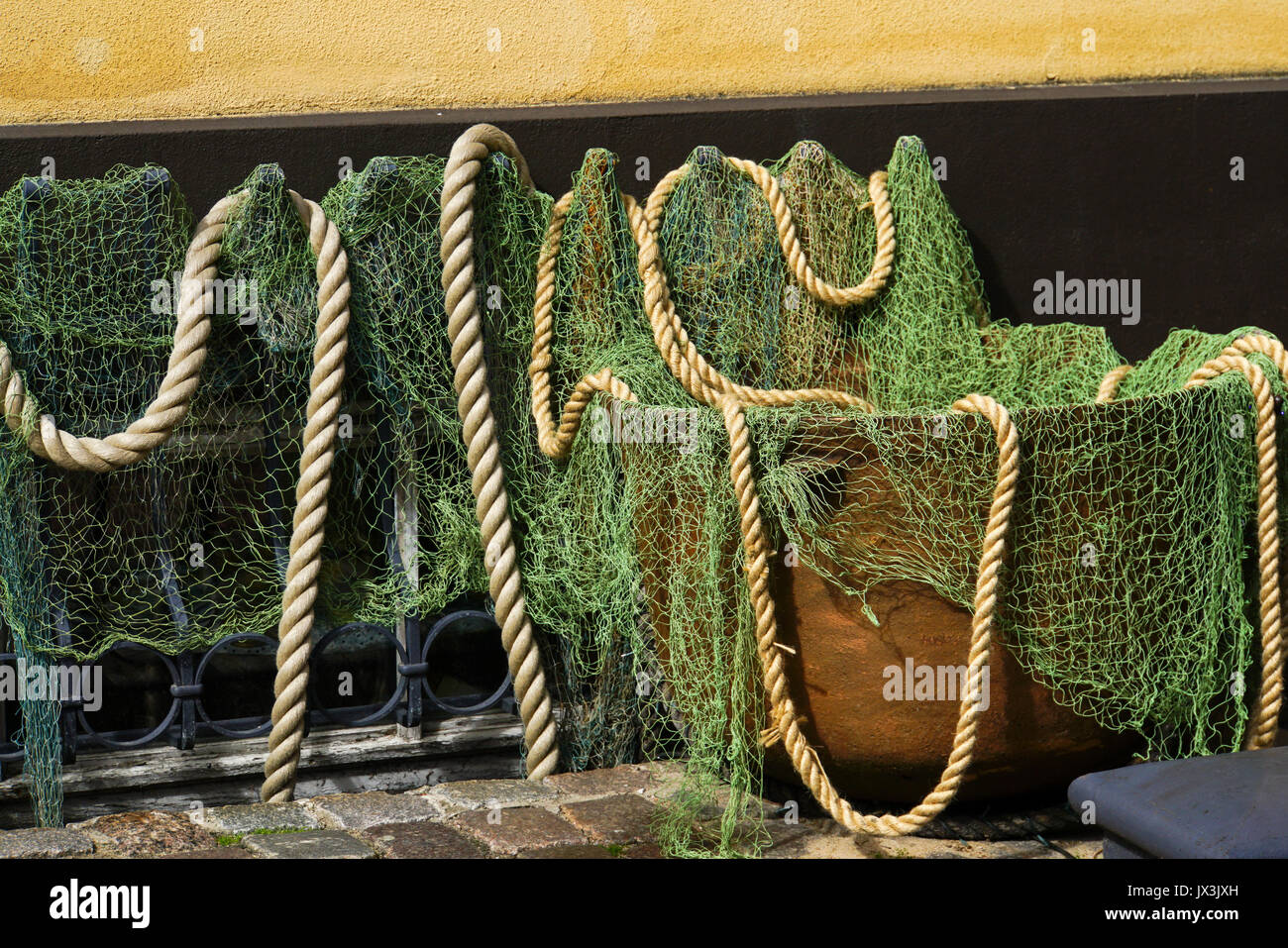 Fishing nets display in a fishmongers shop, Riga, Latvia Stock Photo ...