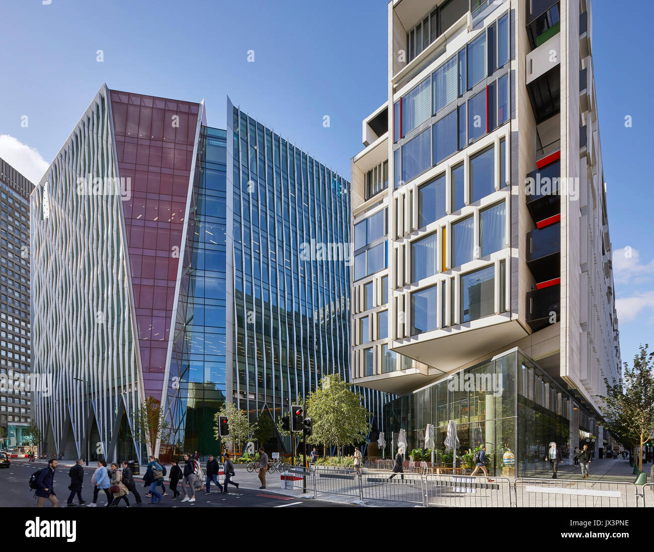 Wide view showing the extreme angles of the Nova Building with people ...