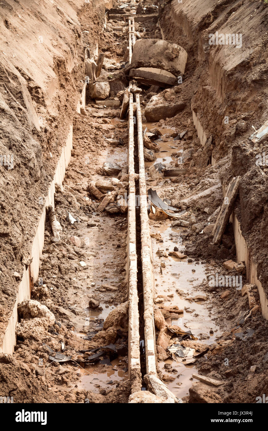 Empty trench of engineering heating systems.Reconstruction procces ...