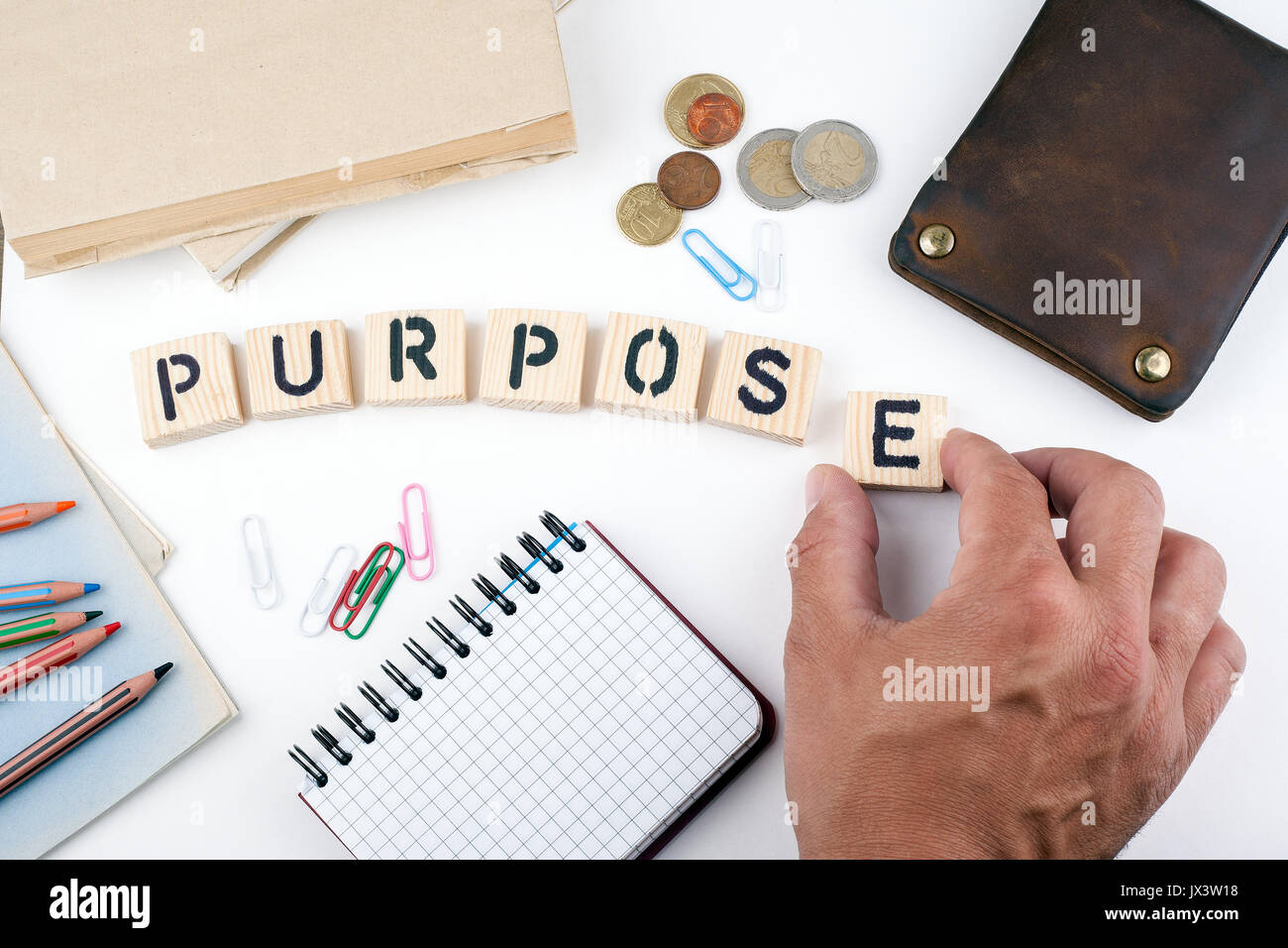 Purpose concept. Wooden letters on a white background Stock Photo - Alamy