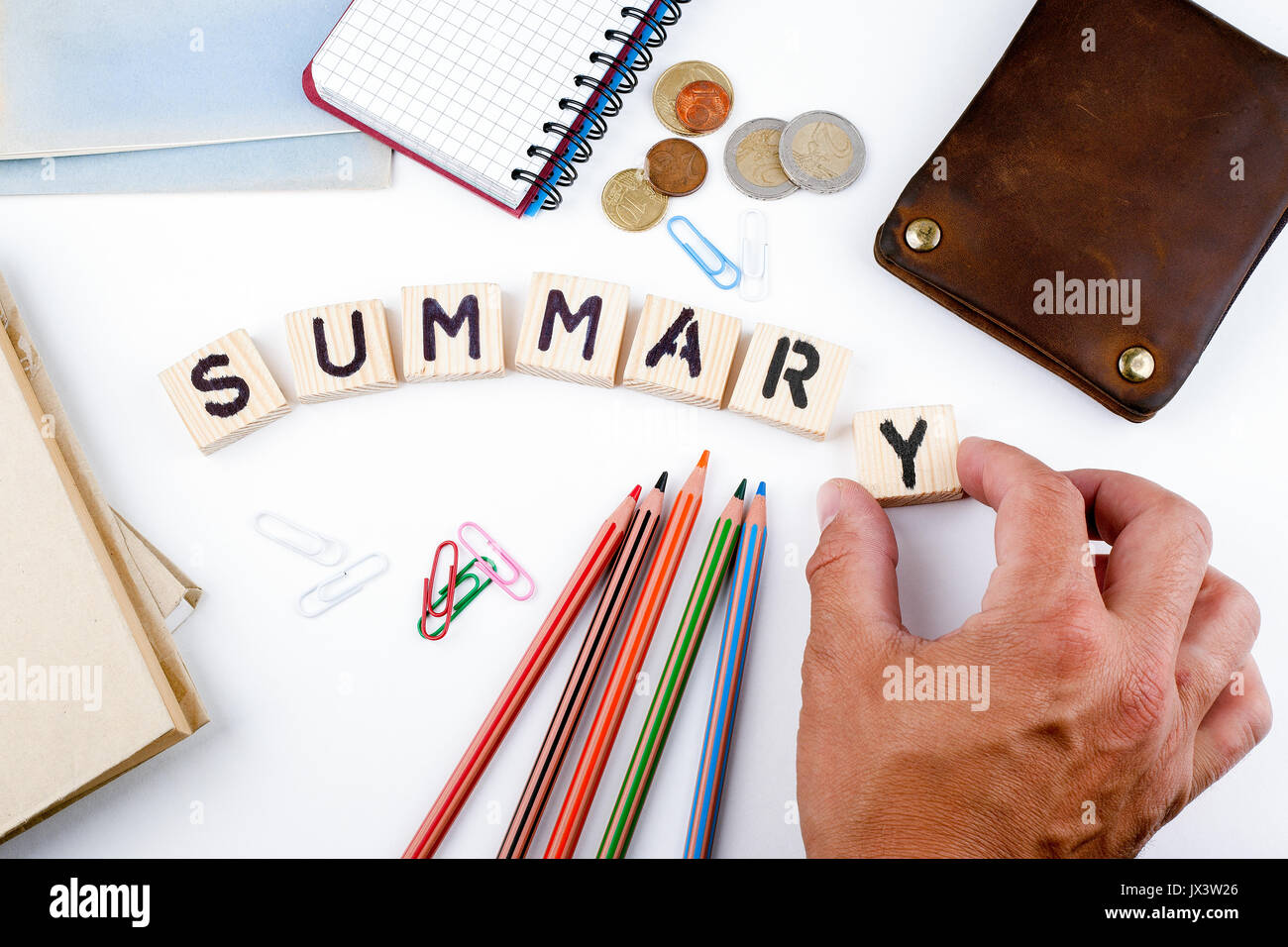 Summary concept. Wooden letters on a white background Stock Photo - Alamy