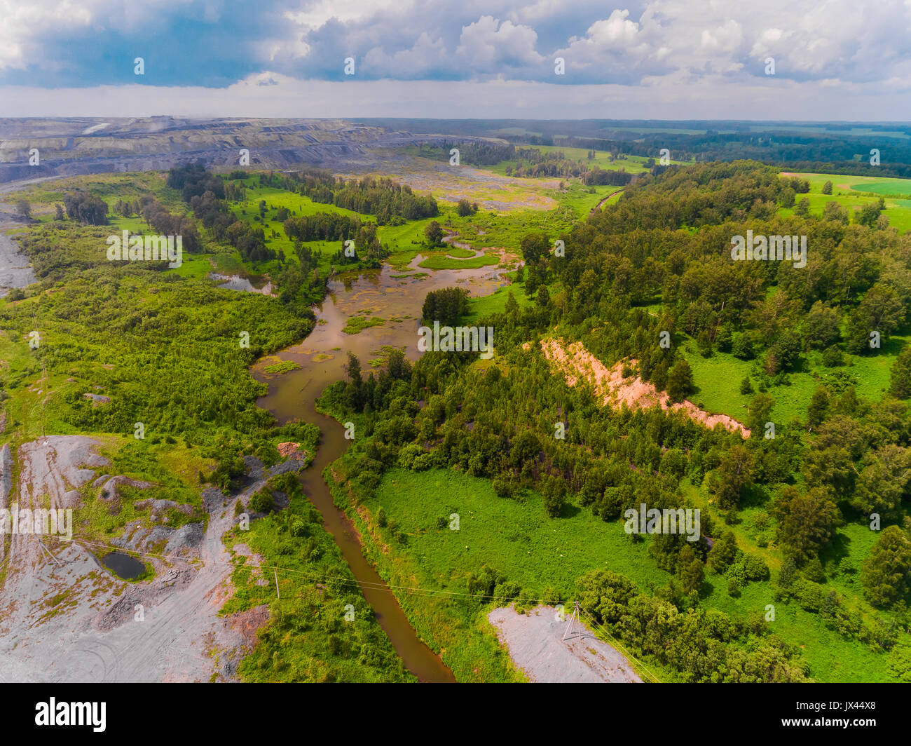 Panorama aerial view shot on in forest, suburb, river, swamp Stock ...