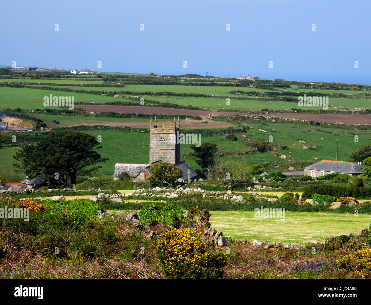 The church tower of St Senera and the village of Zennor, West Cornwall ...