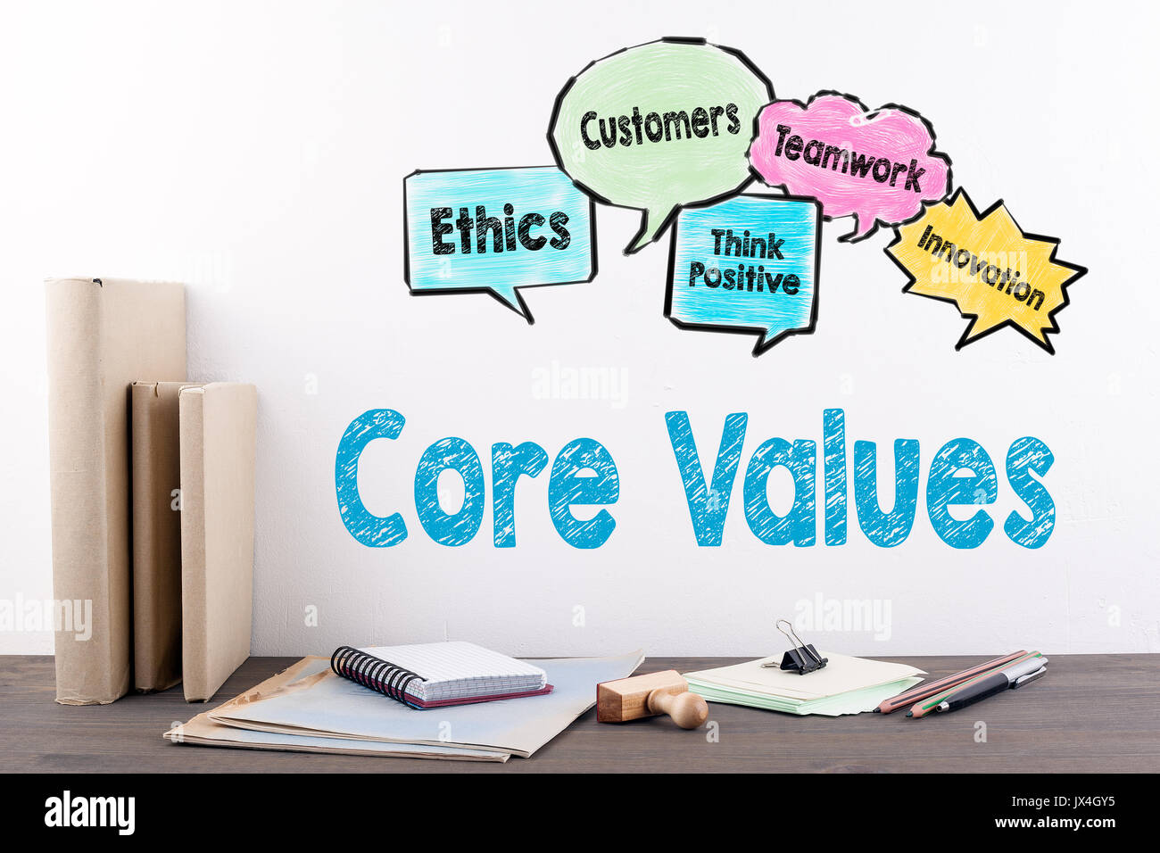 Core Values Concept. Books and stationery on a wooden office desk Stock ...