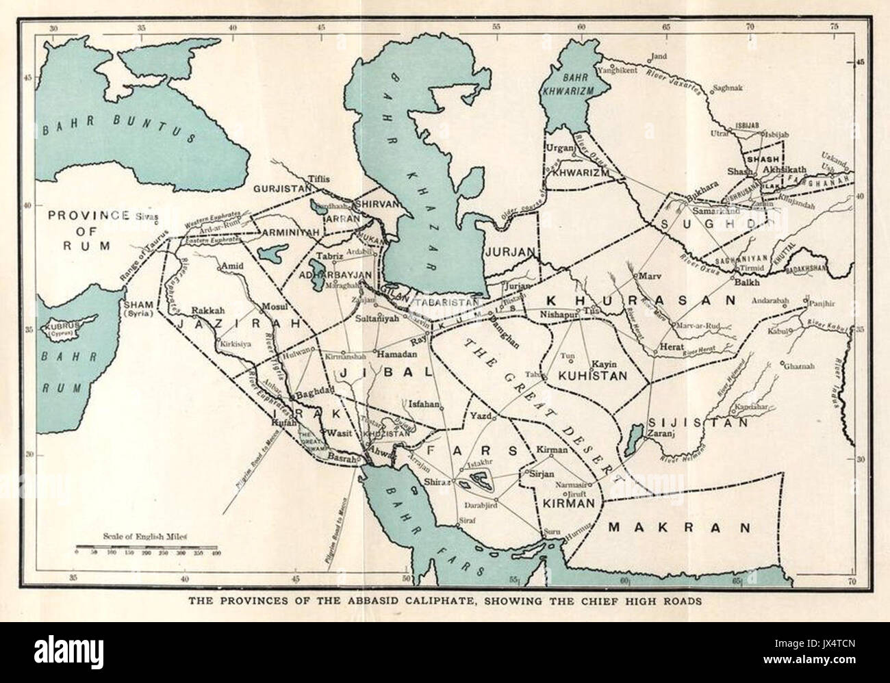 The Provinces of the Abbasid Caliphate, showing the chief high roads ...