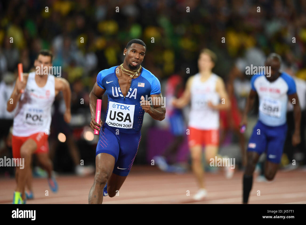 London, UK. 13 August 2017. Gil Roberts (USA) runs the second leg in ...