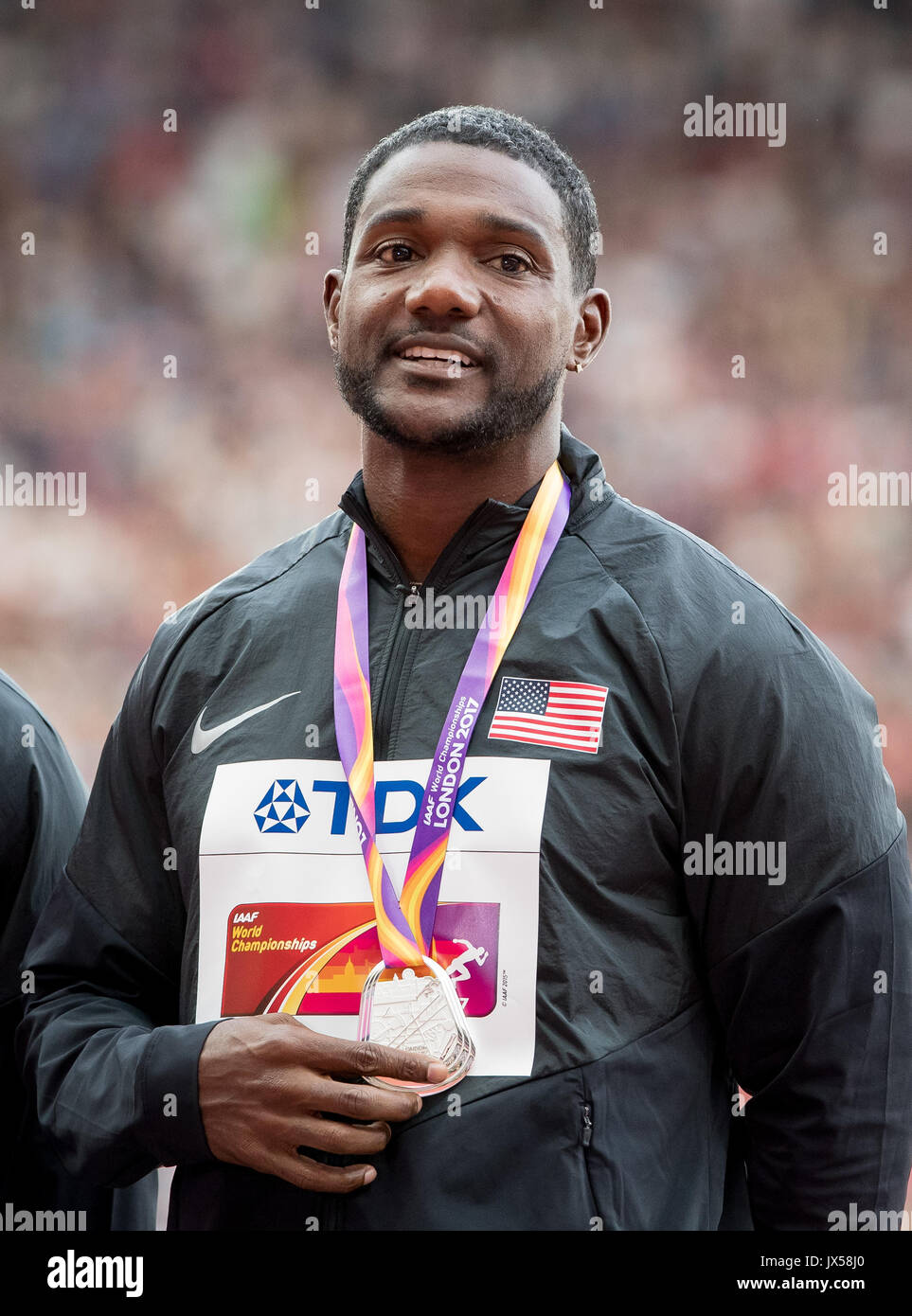 London, UK. 13th Aug, 2017. Justin GATLIN of USA poses with his Silver ...