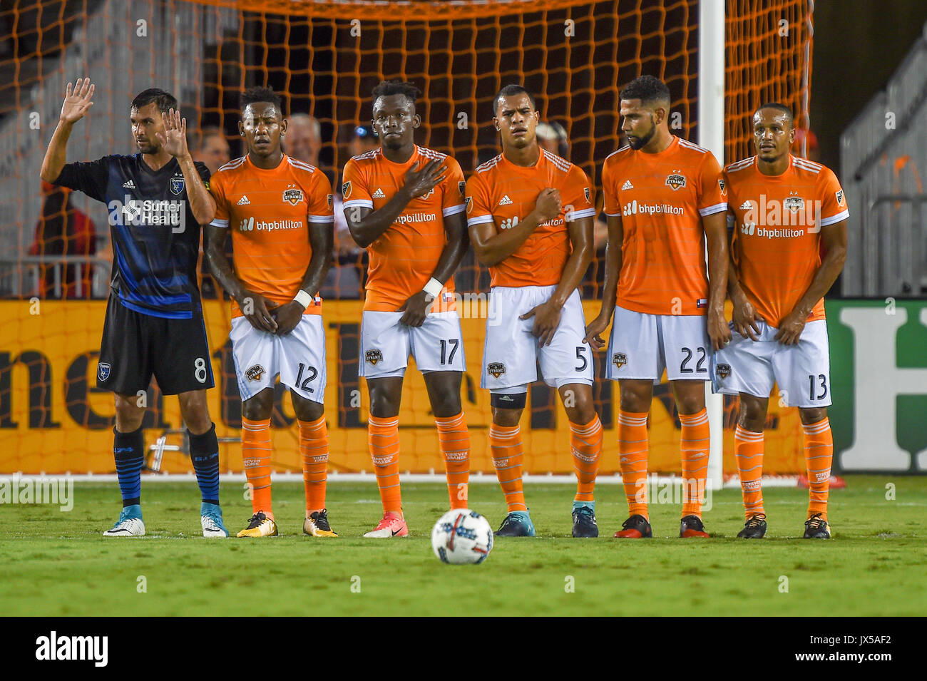 August 12, 2017: Dynamo line up to block a free kick during a Major ...