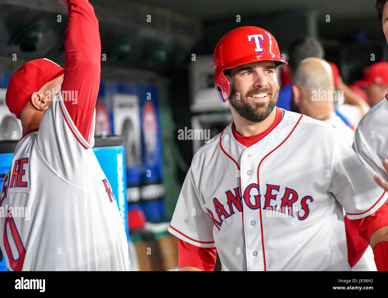 Aug 12, 2017: Texas Rangers rookie catcher celebrates his first career ...
