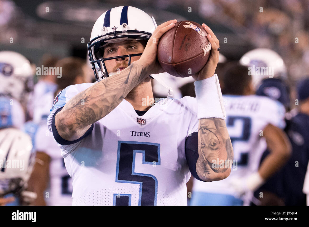 August 12, 2017, Tennessee Titans quarterback Tyler Ferguson (5) warms ...
