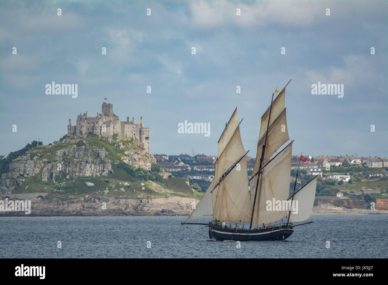 Three masted lugger Grayhound under sail in Mounts Bay Cornwall Stock ...