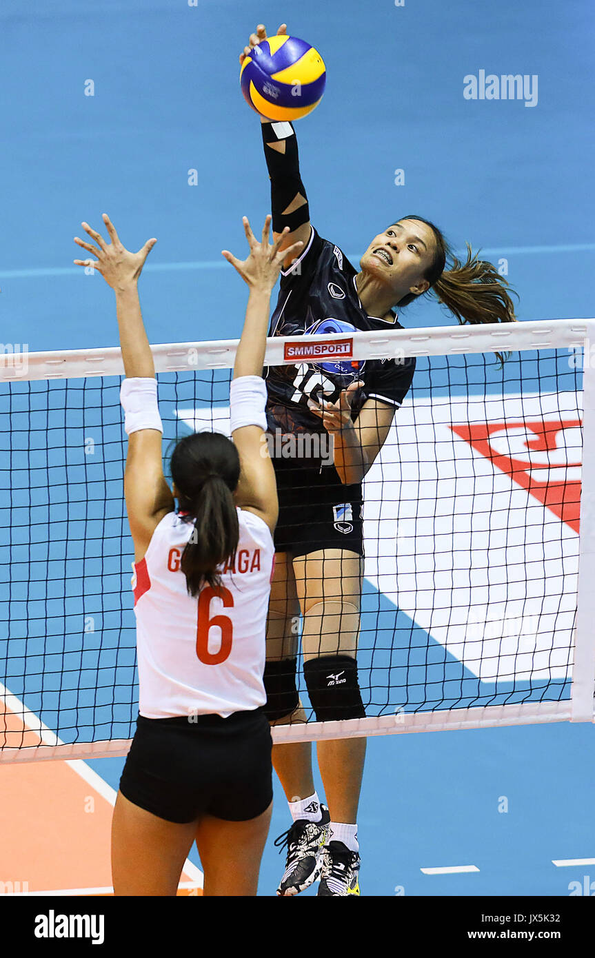 Laguna, Philippines. 15th Aug, 2017. Wilavan Apinyapong of Thailand (R) spikes during a quarter ...