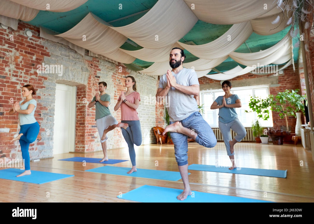 group of people doing yoga tree pose at studio Stock Photo - Alamy