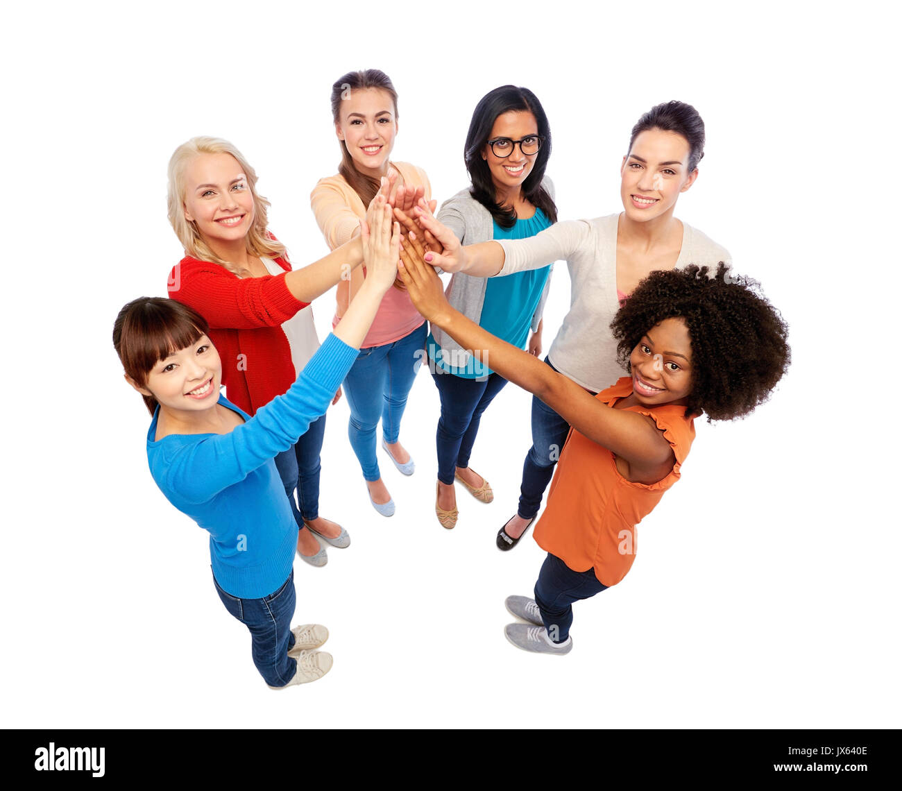 international group of happy women doing high five Stock Photo - Alamy