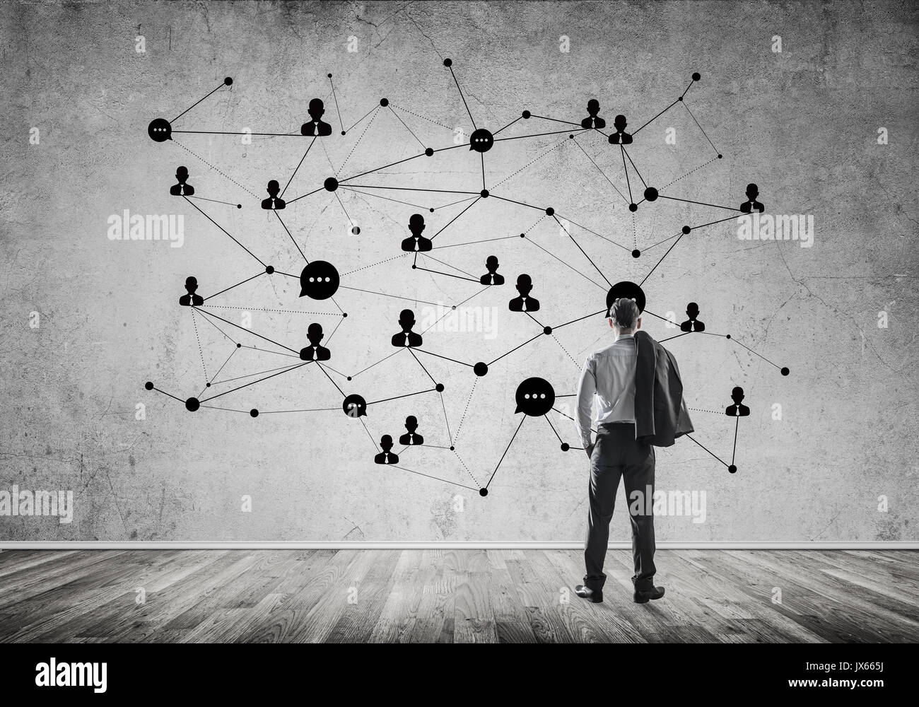 Connection lines drawn on concrete wall as symbol for networking Stock ...