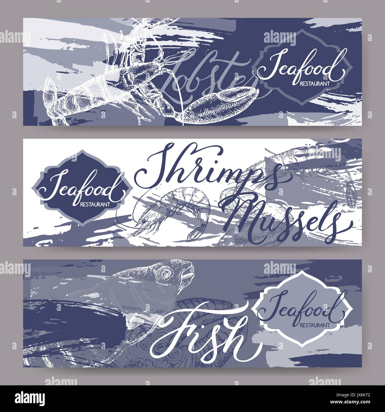 Three banners with fish, seafood sketches and brush calligraphy. Great ...