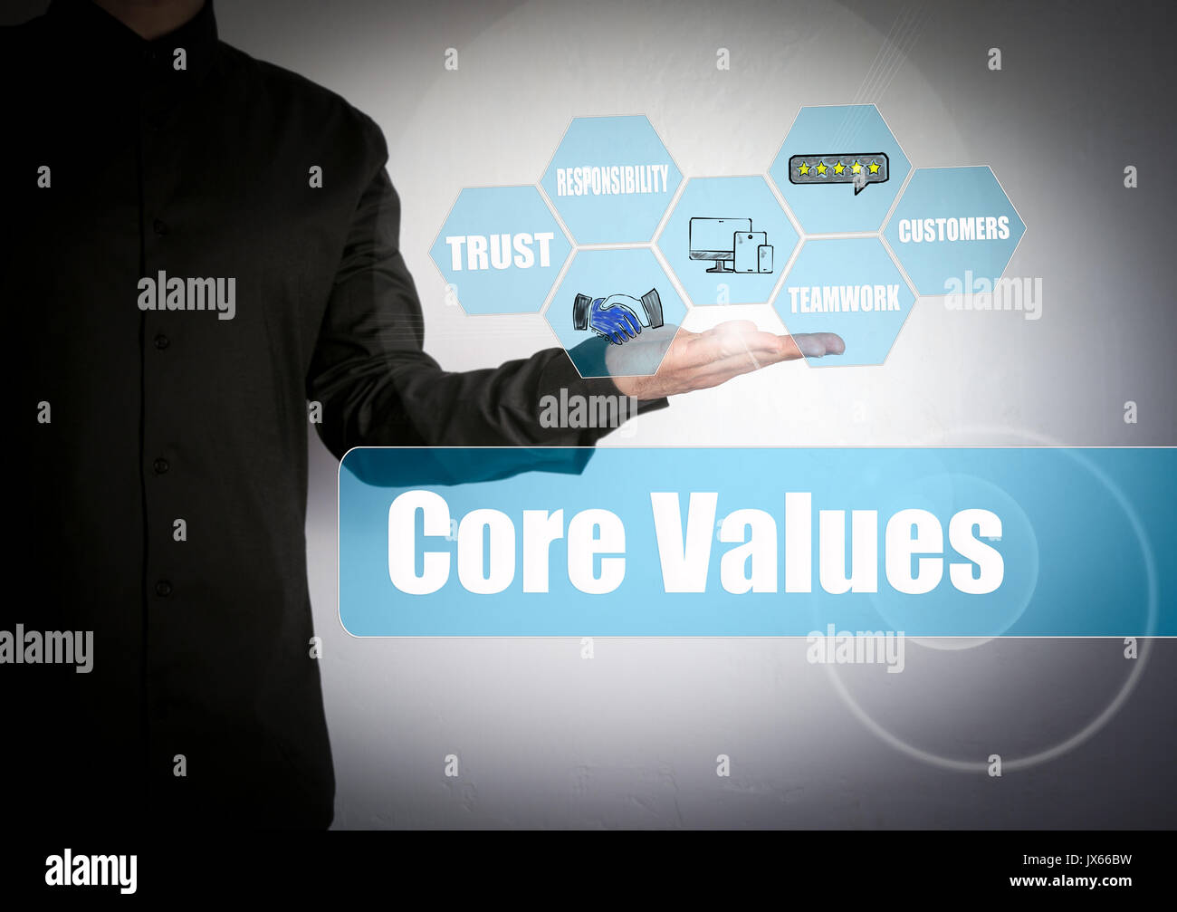 Core Values concept. Successful businessman at the light background ...
