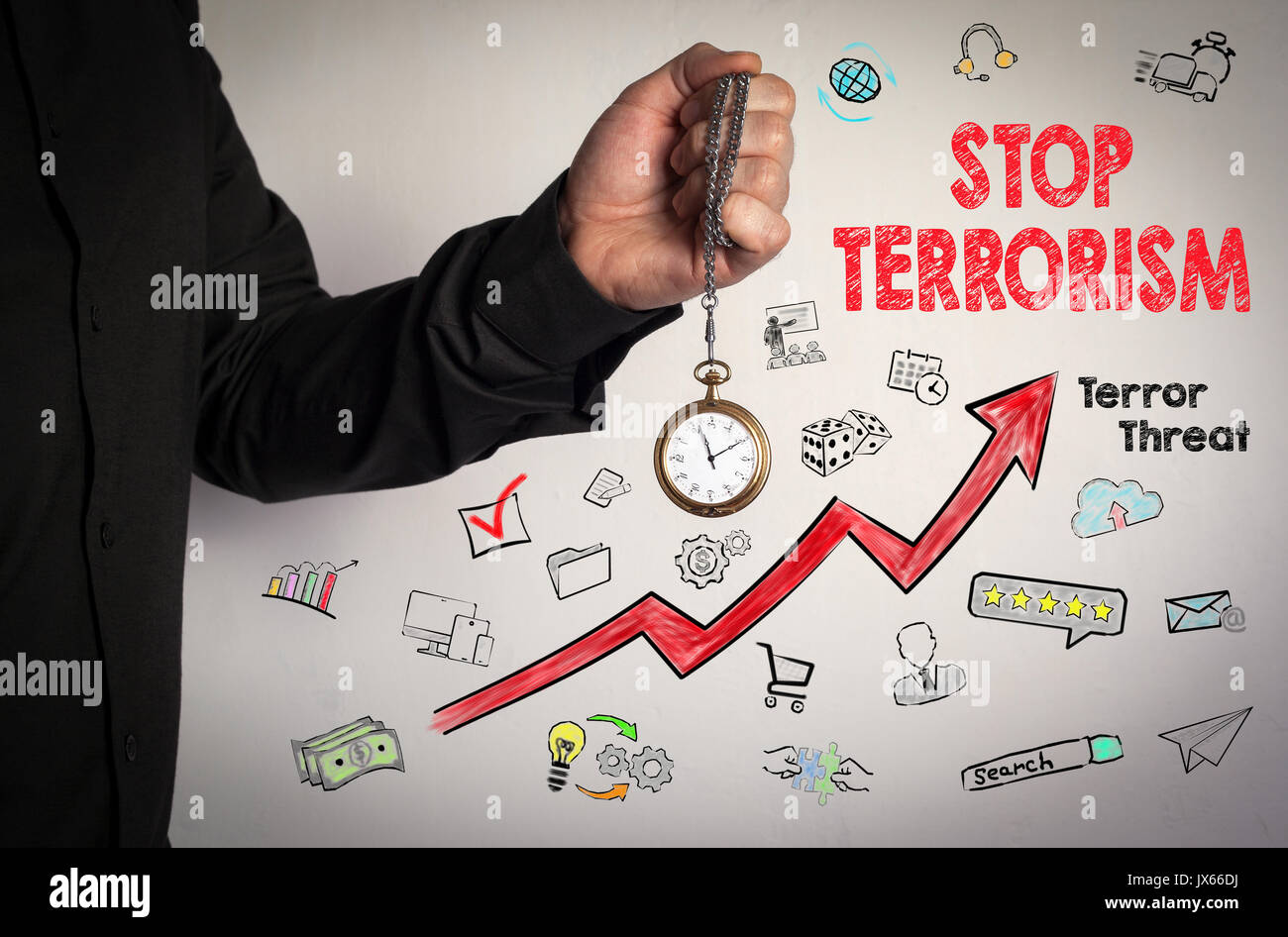 Stop terrorism concept. Red Arrow and Icons Around. Man holding chain ...