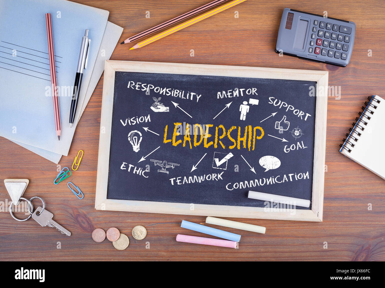 Leadership concept. Chalkboard on wooden office desk Stock Photo - Alamy