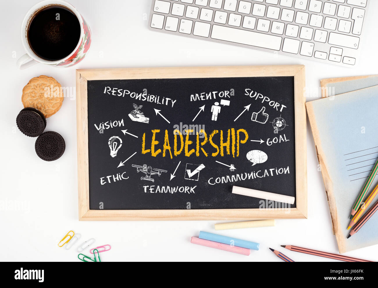 Leadership concept. Chalkboard on white office desk Stock Photo - Alamy