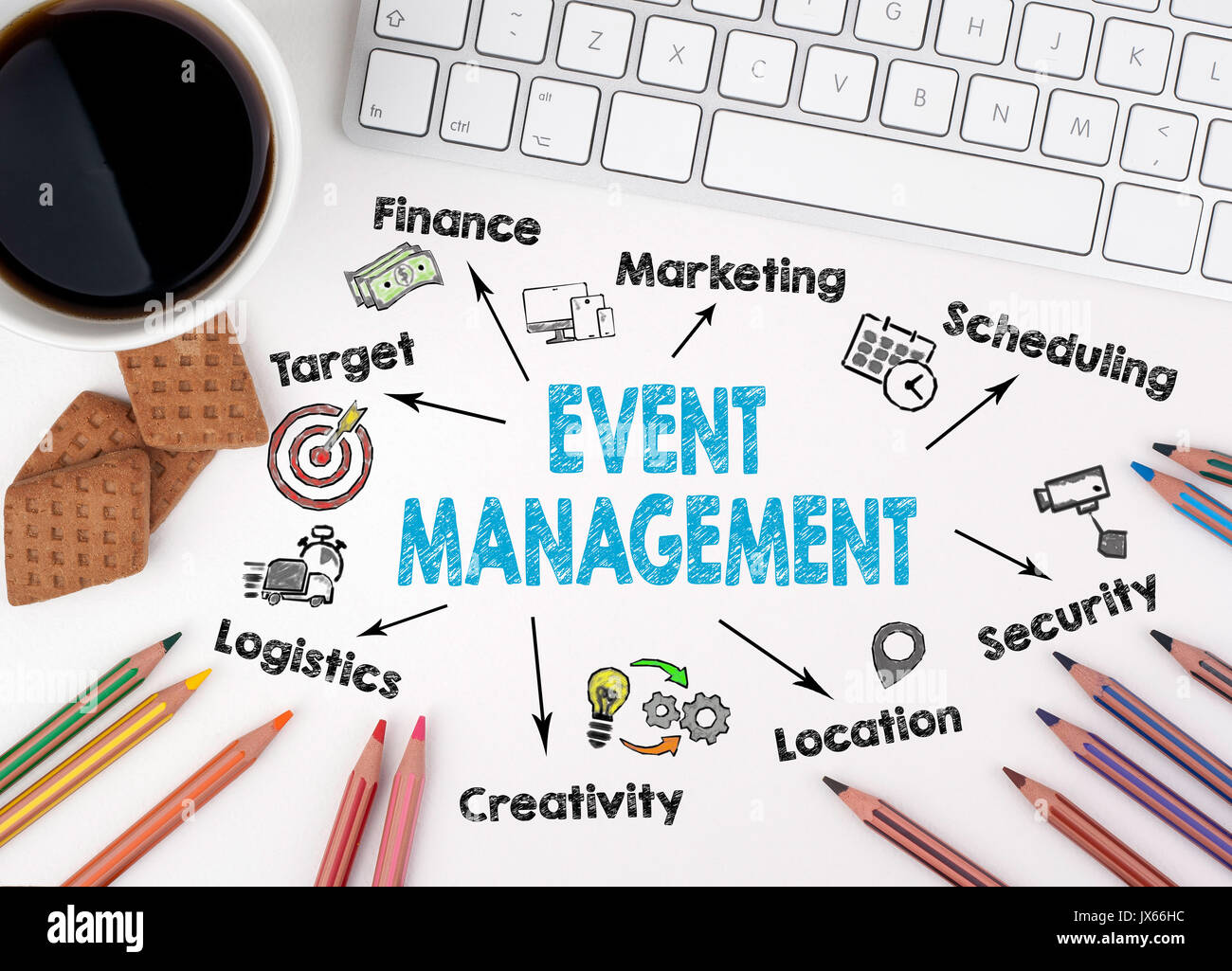 Event management concept. Computer keyboard on a white table Stock ...