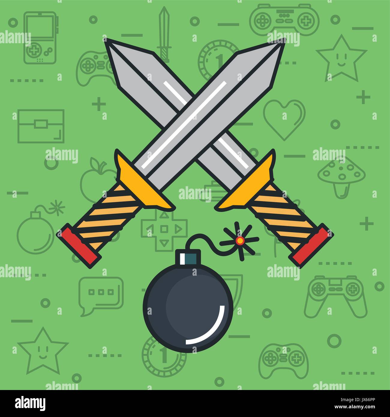 video game crossed sword bomb weapon button object vector illustration ...