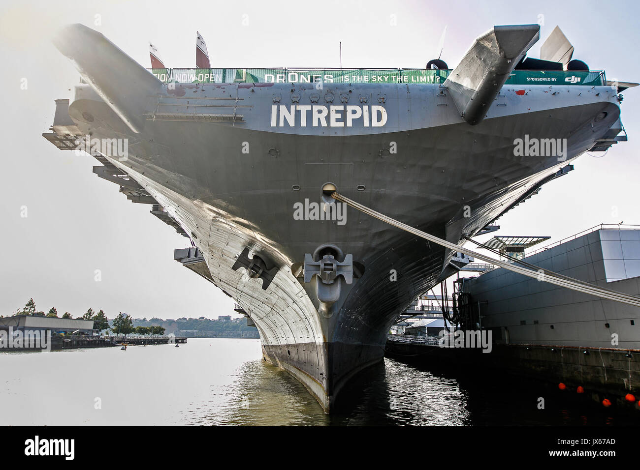 World War II US aircraft carrier Intrepid is docked at one of Hudson ...