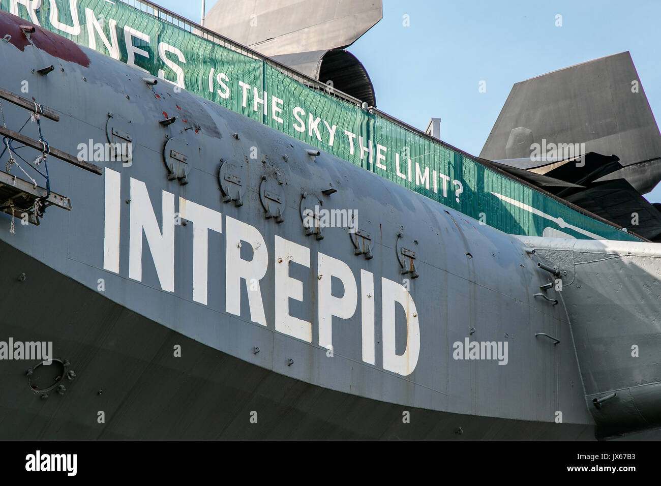 World War II US aircraft carrier Intrepid is docked at one of Hudson ...