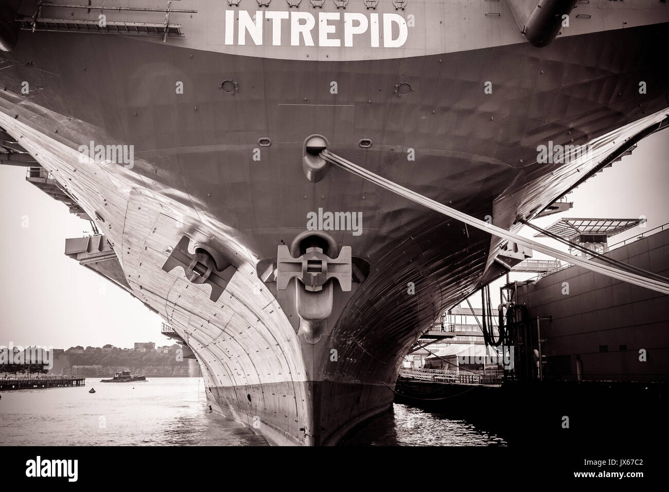 World War II US aircraft carrier Intrepid is docked at one of Hudson ...