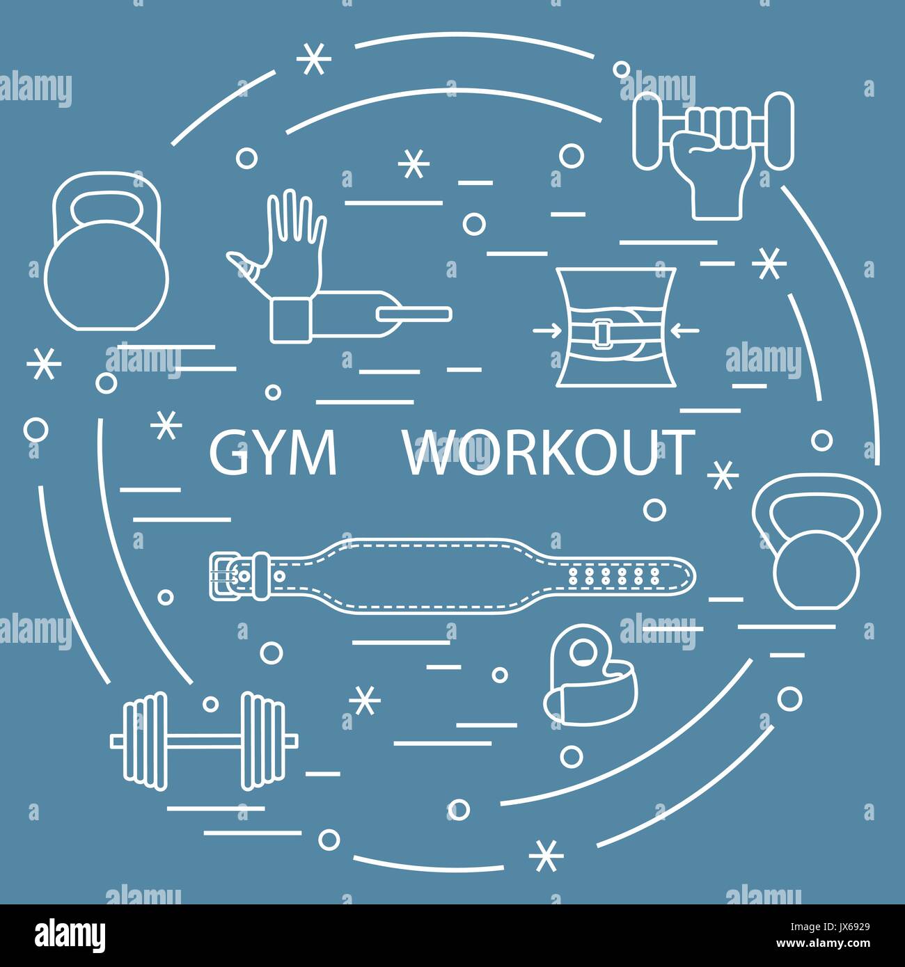 Powerlifting gym workout elements arranged in a circle. Template for ...