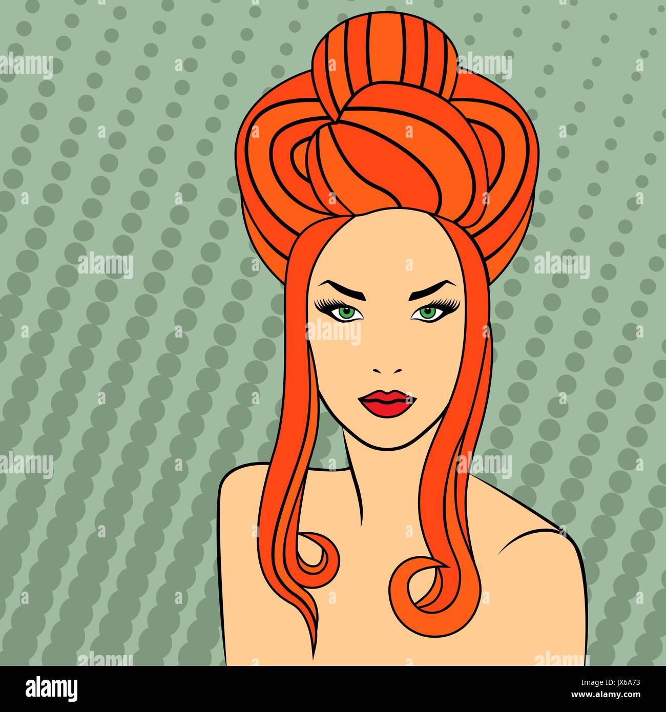 Red-haired girl with fluffy hairstyle and long hair curls on the retro ...