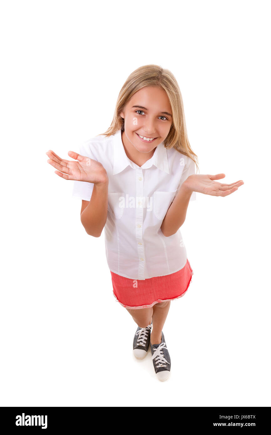 Fun high angle full body portrait of lovely teenage girl with open ...