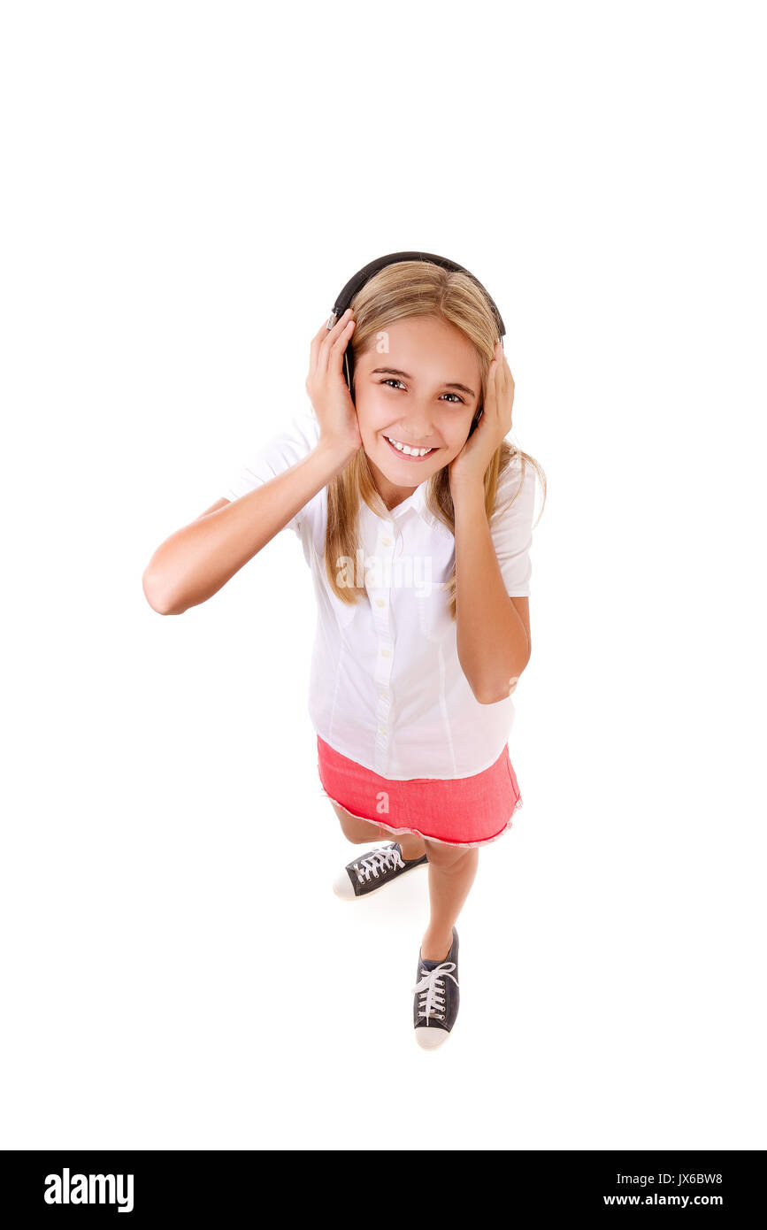 Fun high angle full body portrait of lovely teenage girl with ...