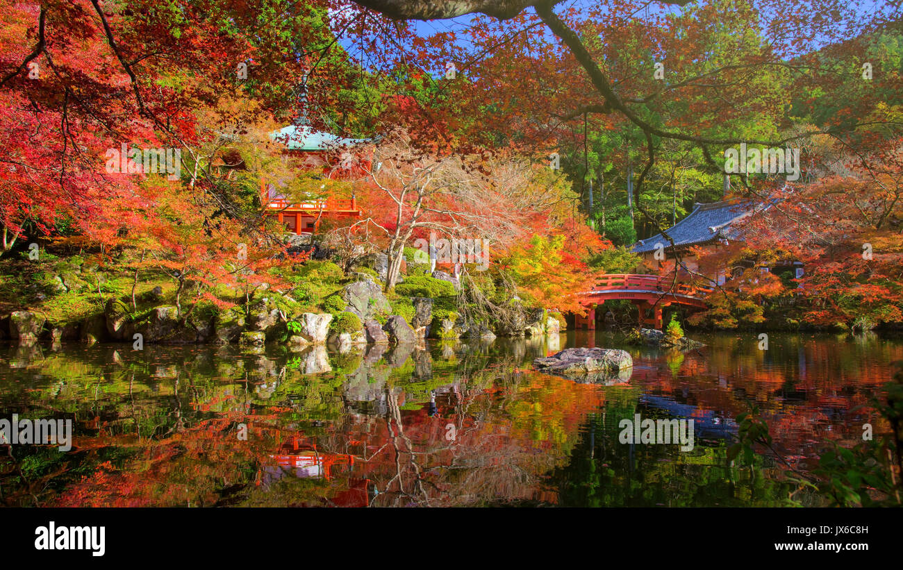 Daigo-ji, a Shingon Buddhist temple, with skyline reflection at fall ...