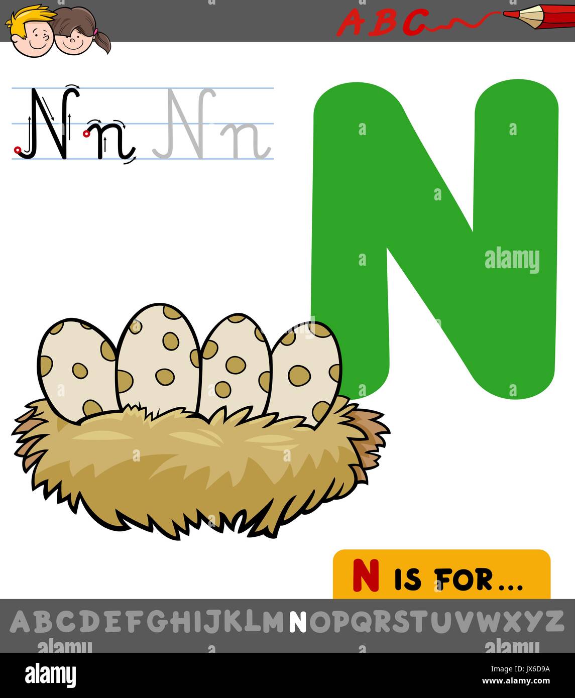 Educational Cartoon Illustration of Letter N from Alphabet with Nest ...