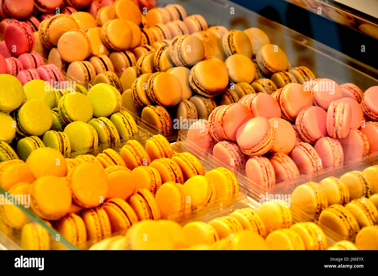 Brussels, Belgium. Macarons in the window of Delices du Roy in Galeries ...