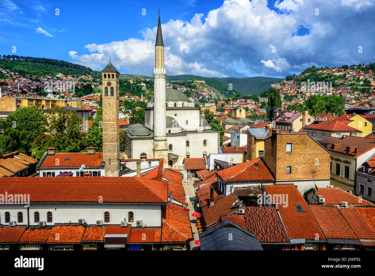 Old Town of Sarajevo with Gazi Husrev-beg Mosque and red tiled roofs of ...