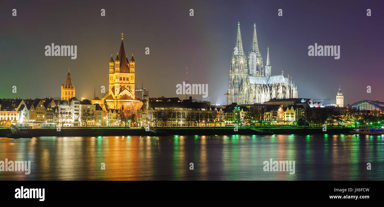 Night panorama of Cologne, Germany, with Cologne Cathedral, Great St ...