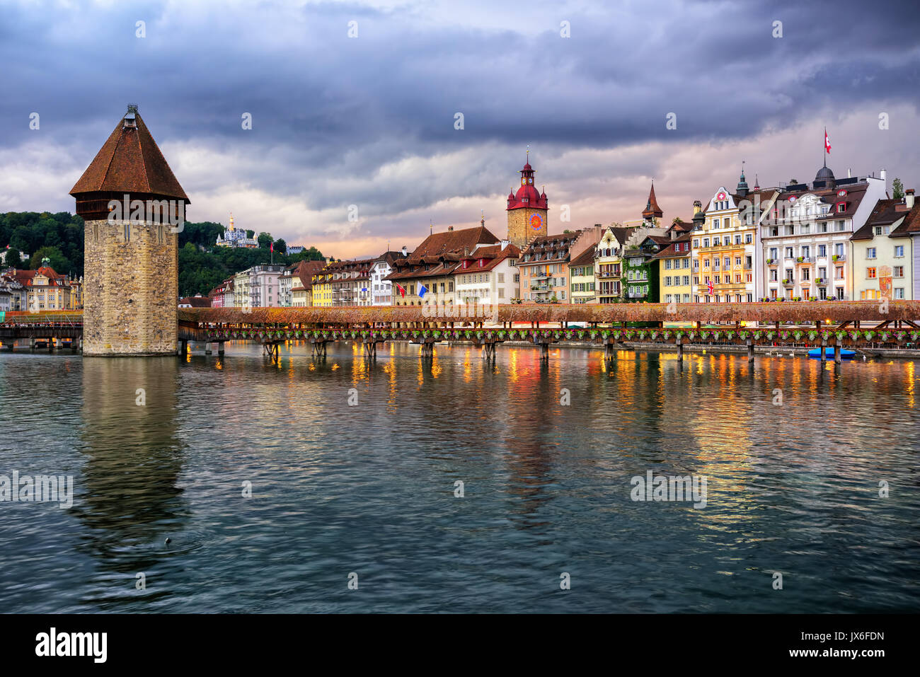 Chapel Bridge and Water town in the old town of Lucerne on dramatic ...