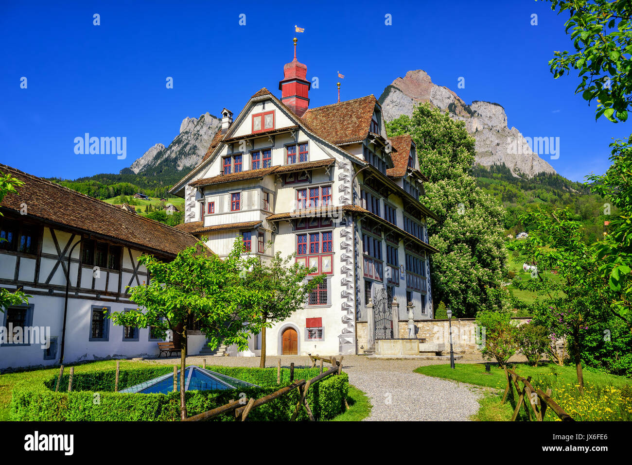 Traditional decorated swiss house in the Alps mountain, Schwyz ...