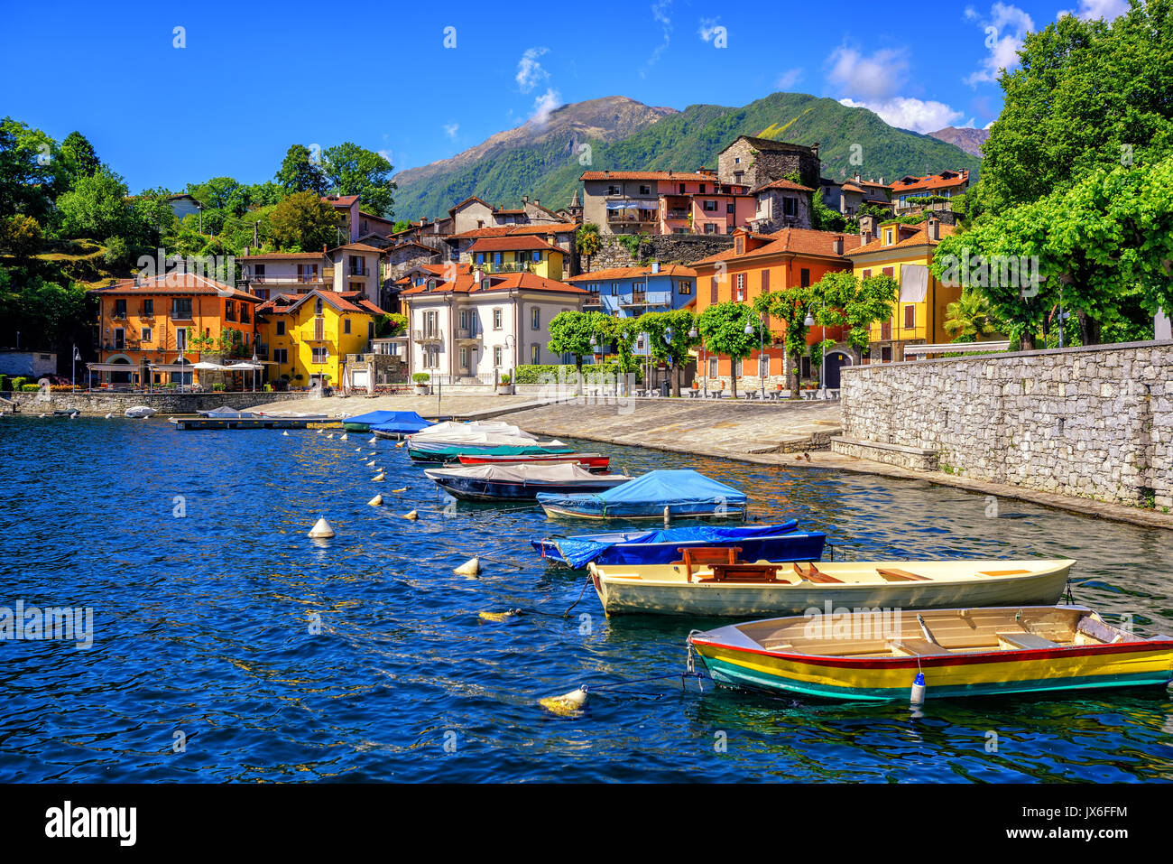 Colorful houses in the old town of Mergozzo, a popular holiday resort ...