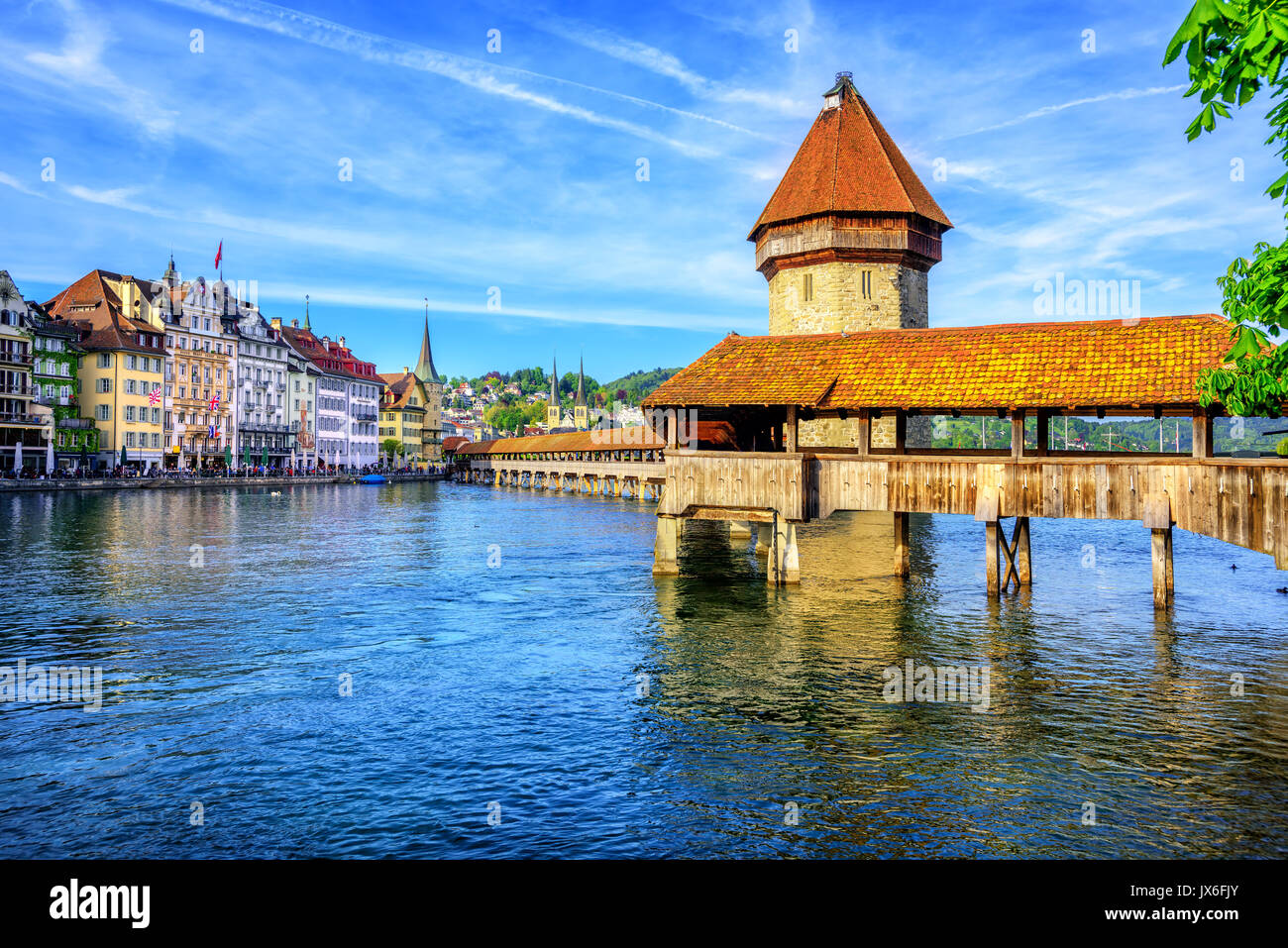 Lucerne, Switzerland, historical wooden Chapel Bridge over Reuss river ...
