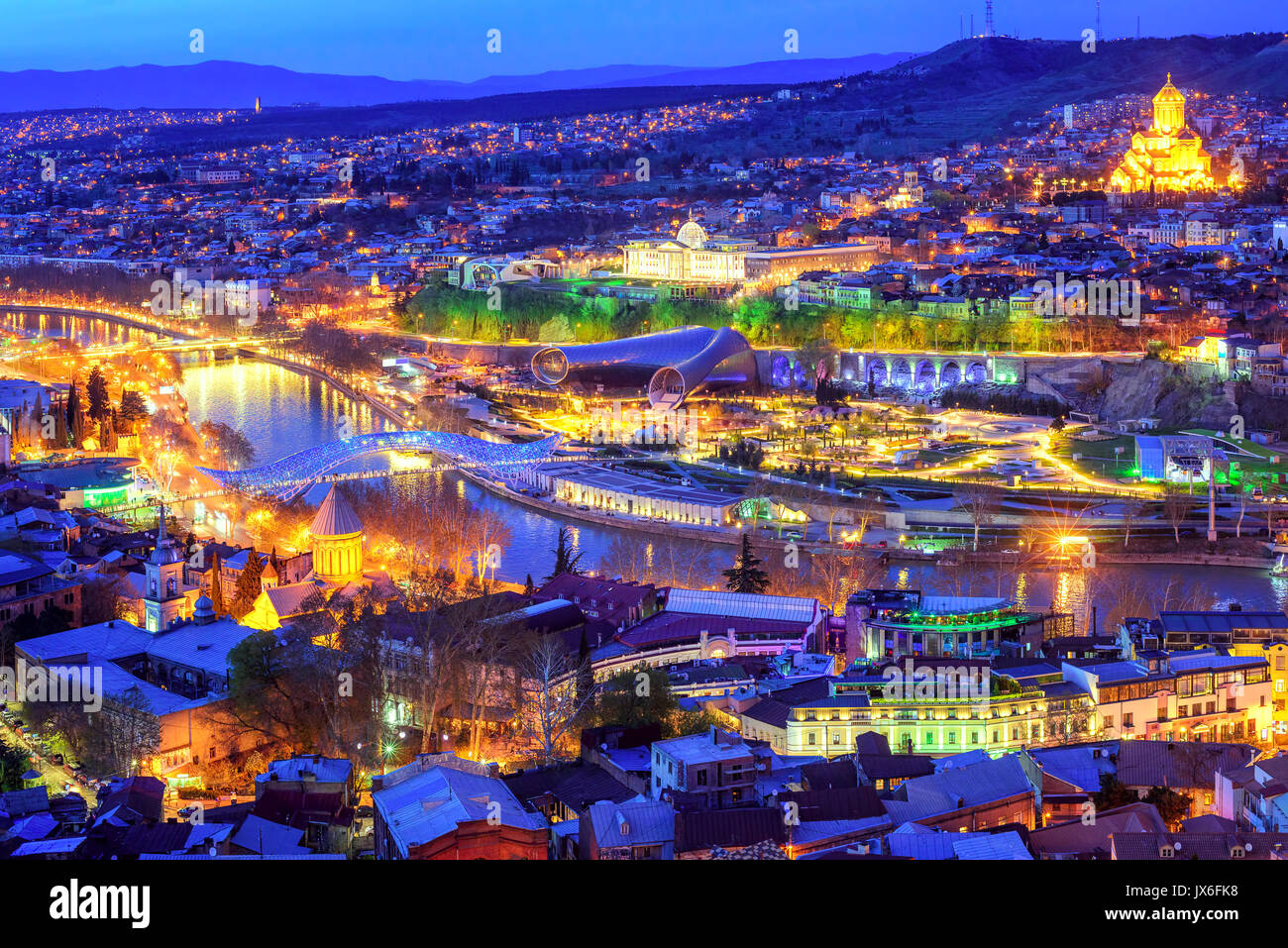 Tbilisi cityscape with President Palace, Trinity Cathedral, Bridge of ...